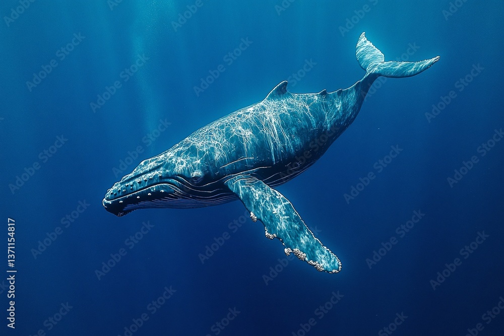 Majestic humpback whale glides through the deep blue ocean, sunlight ...