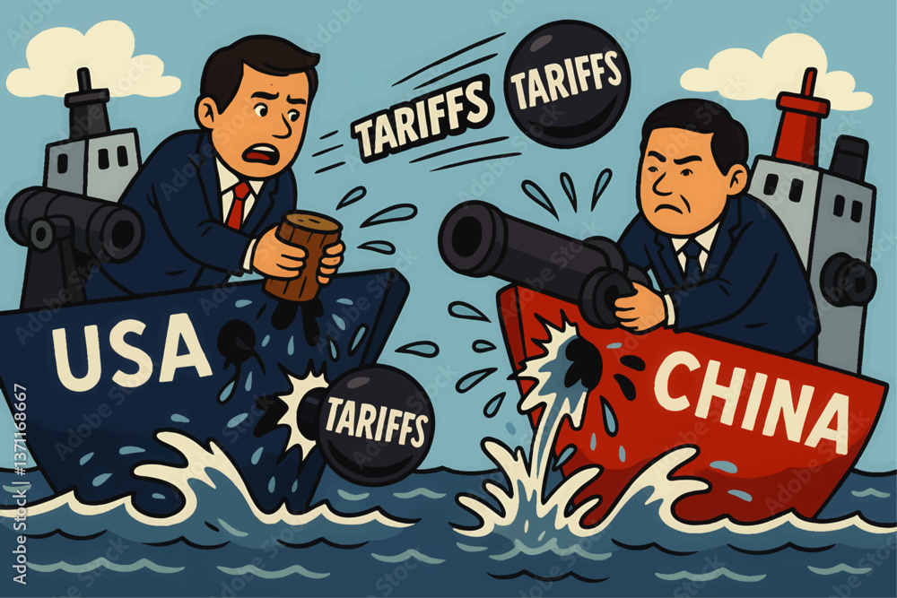 Trade War Illustration of USA and China Battleships Firing Tariff ...