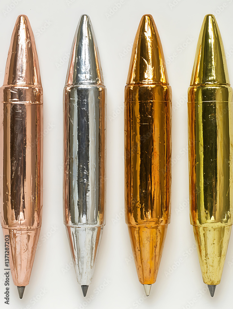 Four metallic pens shaped like bullets aligned vertically on a plain ...
