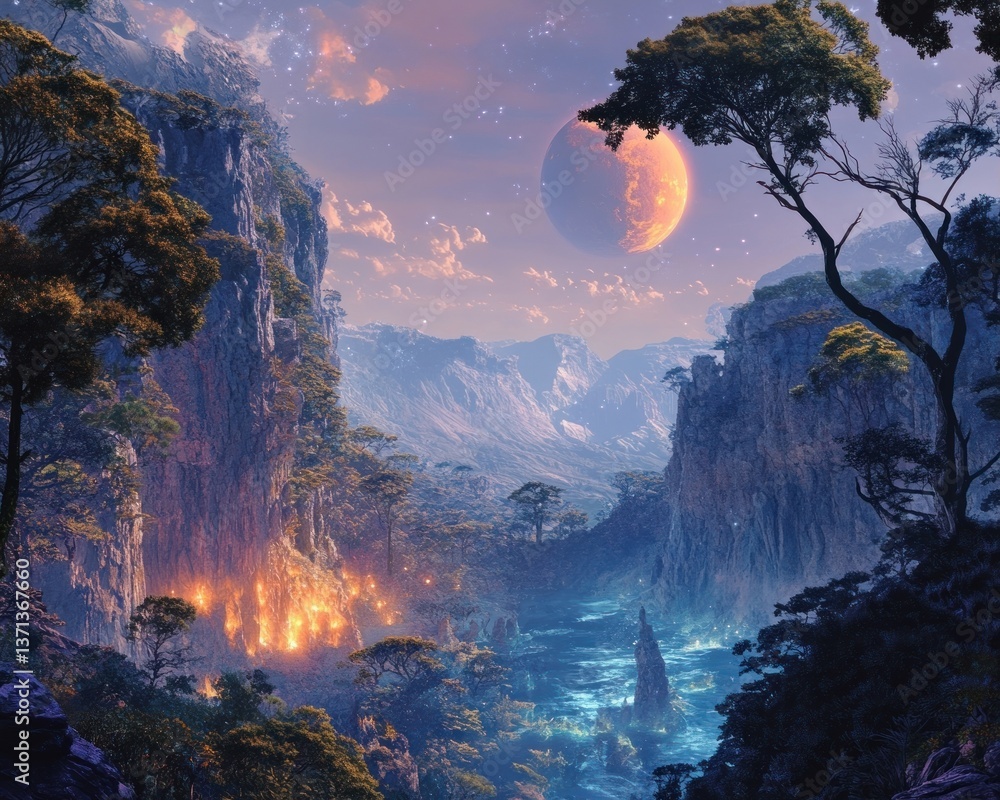 an Earth-like exoplanet with alien landscapes, capturing the dense ...