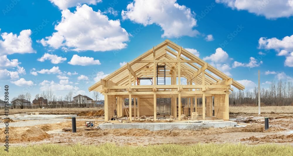 New country house at time construction. Country building frame made of ...
