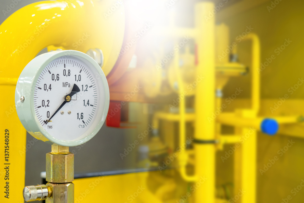 Gas equipment. Mechanical sensor on yellow pipes. Measuring pressure in gas pipeline. Compressor ...
