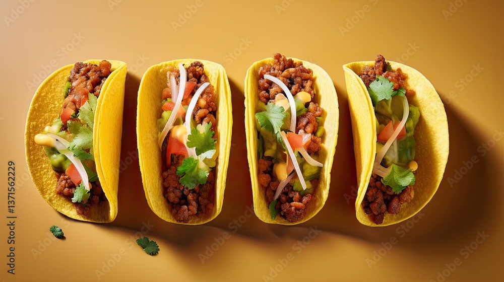 Tacos lined up in a neat row with minimal toppings on soft tortillas ...