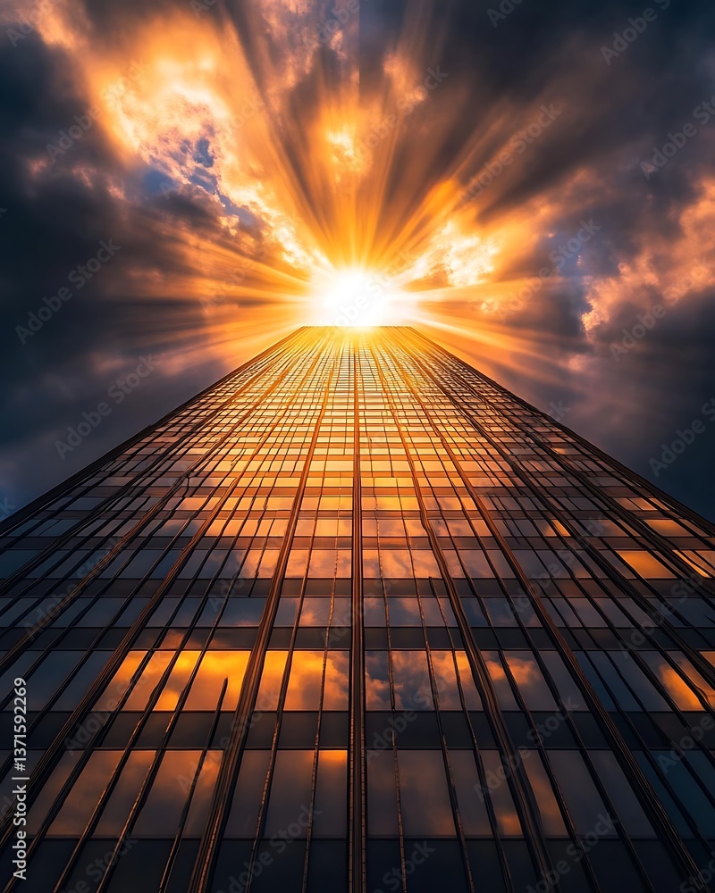 Low-angle shot of skyscraper with golden sunset reflection, ultra ...