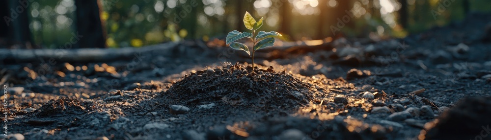 Seedling grows in burnt forest; sunset; rebirth Stock Illustration ...