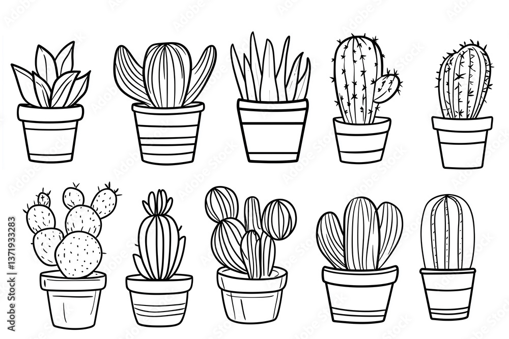 Set of cactus coloring page for kids. Plant outline doodle colouring ...