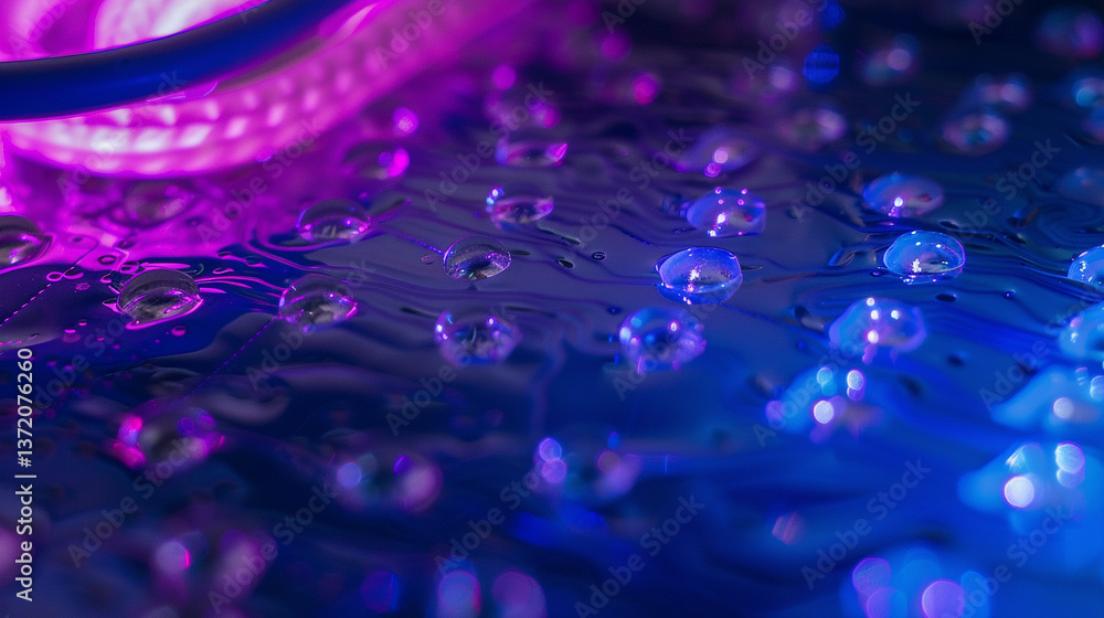 Extreme macro of a fiber optic cable connection to a PCB, glowing blue ...