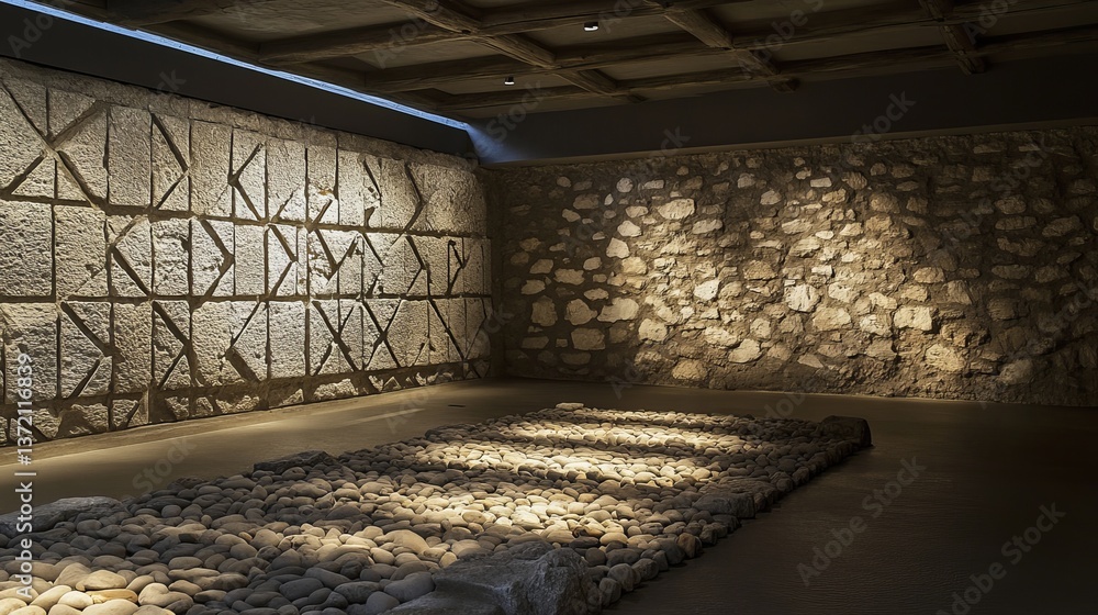 Realistic roman era room with opus reticulatum walls and irregular ...