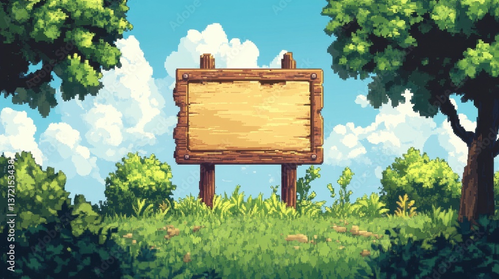 Pixel art blank signboard with nature background for game ui and design ...