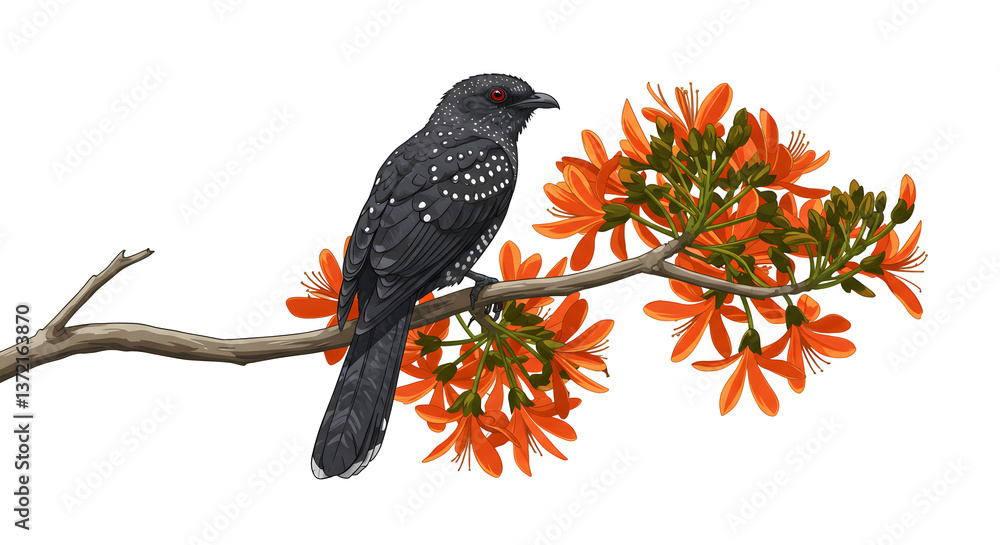 Asian Koel Bird Perched on Flame Tree Branch | Sinhala and Tamil New ...