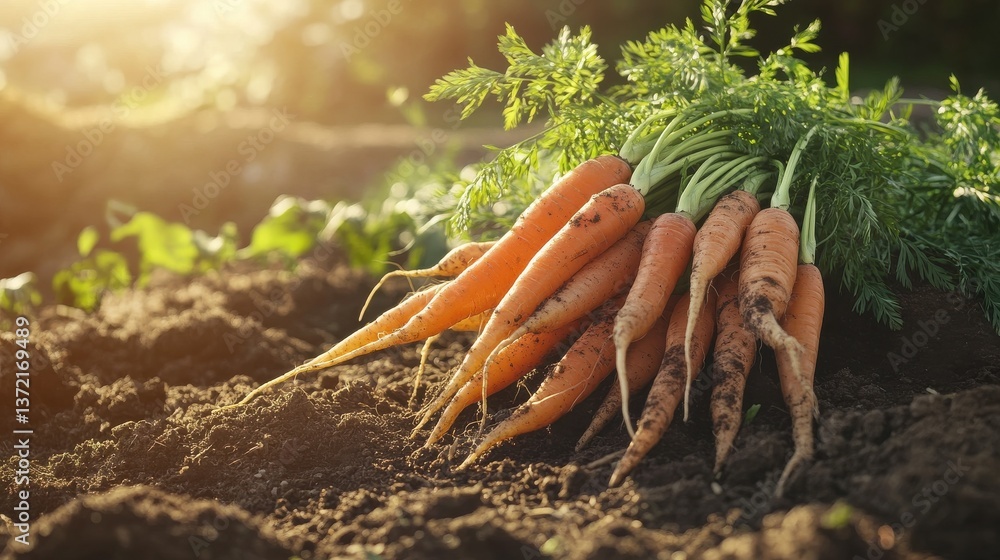 3. A bundle of carrots just pulled from the ground, displayed on moist ...