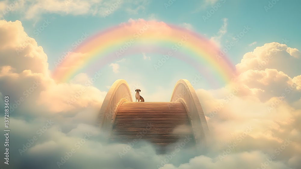 A pastel-colored rainbow bridge arches over soft clouds with a dog ...