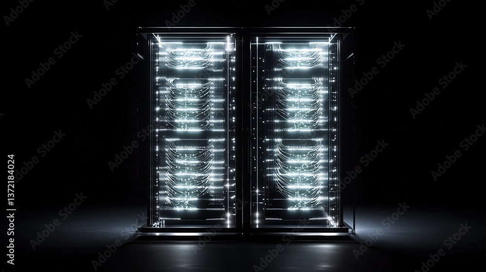Dark room scene of transparent server rack with glowing AI neural network visualization and ...