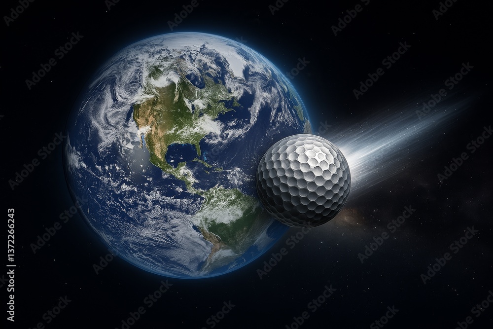 Futuristic Golf Ball Orbiting Earth. Massive golf ball flying near ...