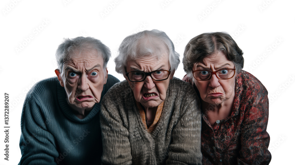 Photograph of three angry older adults on a white background, The image ...