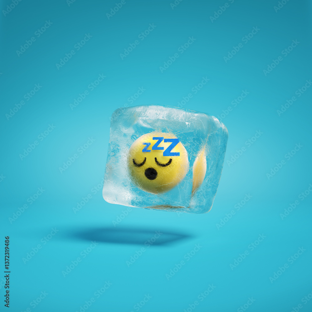 Illustration Stock Sleeping face emoji inside ice cube. A yellow face ...