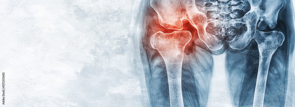 X ray image showing hip joint with highlighted inflammation, indicating ...