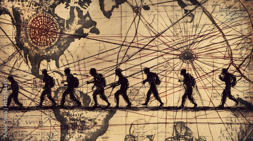Evolution of human migration map style artwork showing how early humans ...