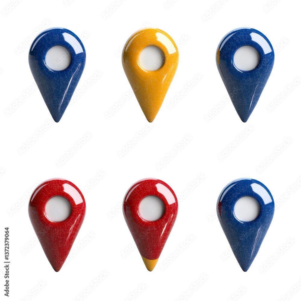 Colorful Cracked Map Location Pins Red Blue Yellow Set of Six 3D GPS ...