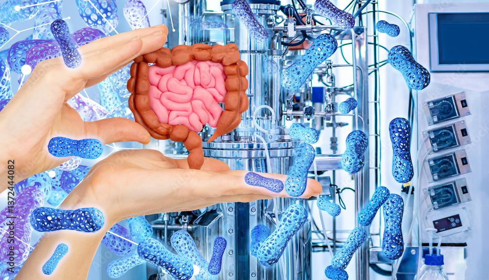 Intestine in hands. Microbiome of digestive system. Probiotic treatment ...