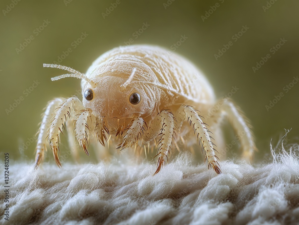 Dust mite crawls over fabric fiber, hyper-detailed textures show insect ...