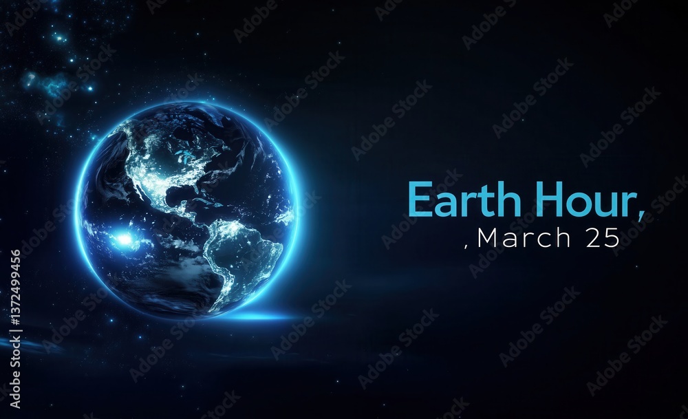 Glowing Earth Planet with "Earth Hour March 25th" Text on Dark ...