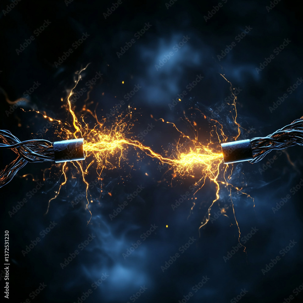 Electrical discharge between two wires with dark background and sparks ...