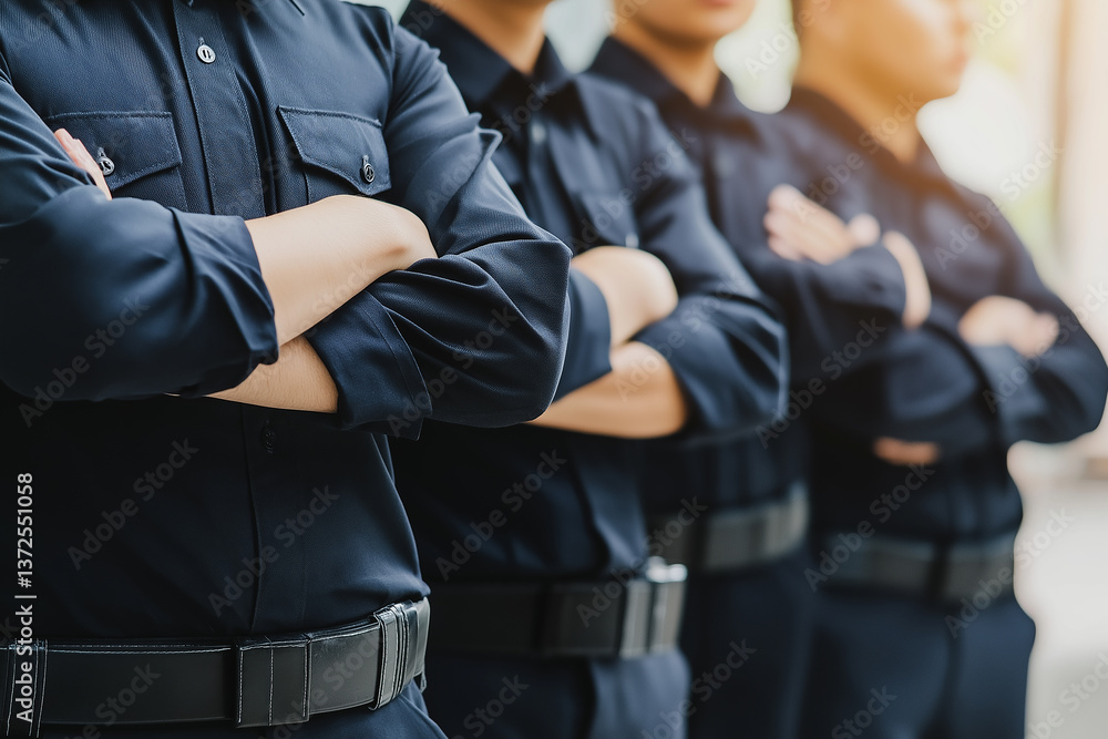 Uniformed security police officers lineup in a disciplined professional ...
