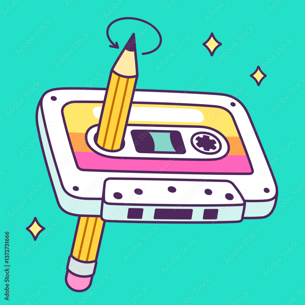 Cartoon retro cassette tape drawing in bright 80s style. Rewinding ...