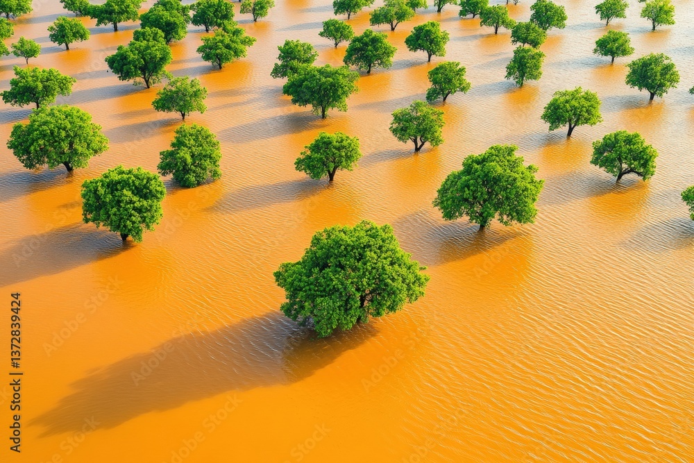 Aerial view of floodplain with deep brown floodwater and lush trees ...