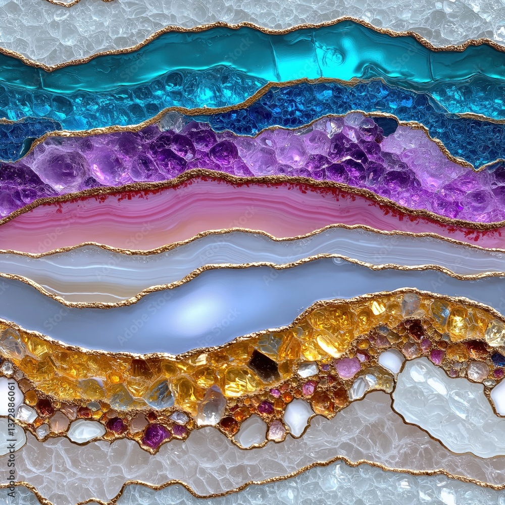 Seamless pattern with layered gemstone textures, sparkling gold accents ...
