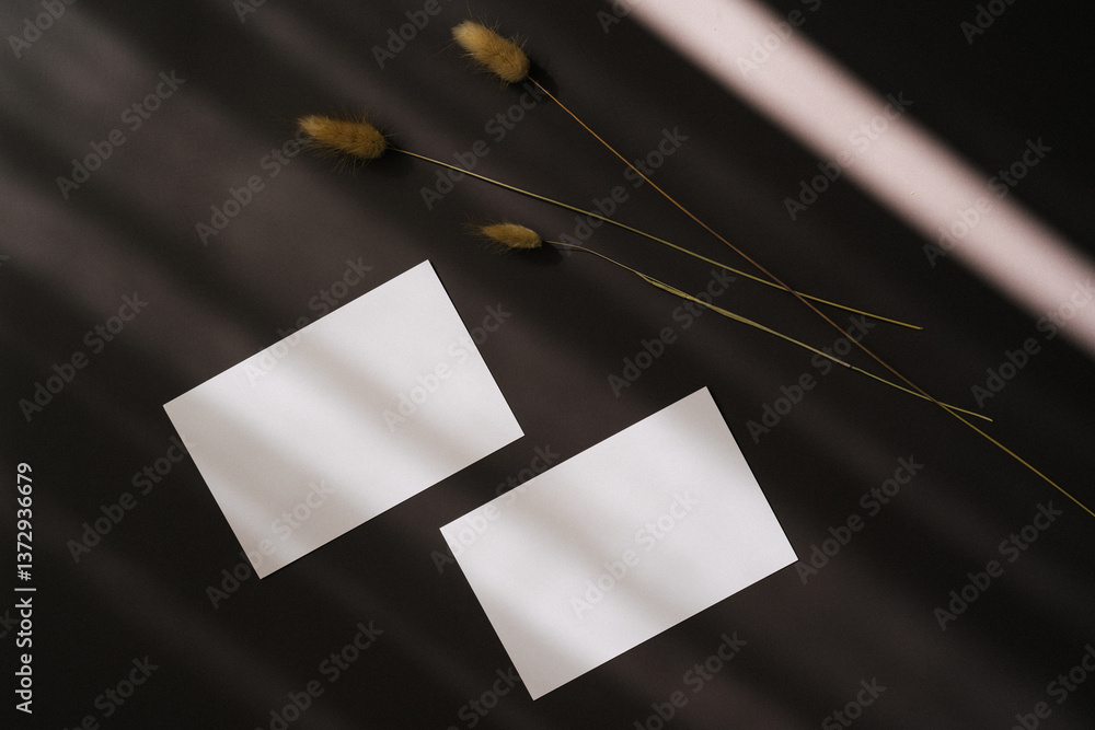 Blank white paper cards and dry plants mock up on a black background ...