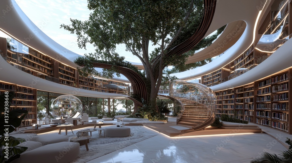 High-tech eco-library with massive indoor tree wrapped in futuristic ...
