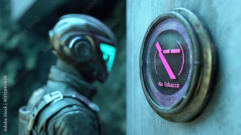 cyberpunk anti-smoking campaign, futuristic no tobacco holographic sign ...