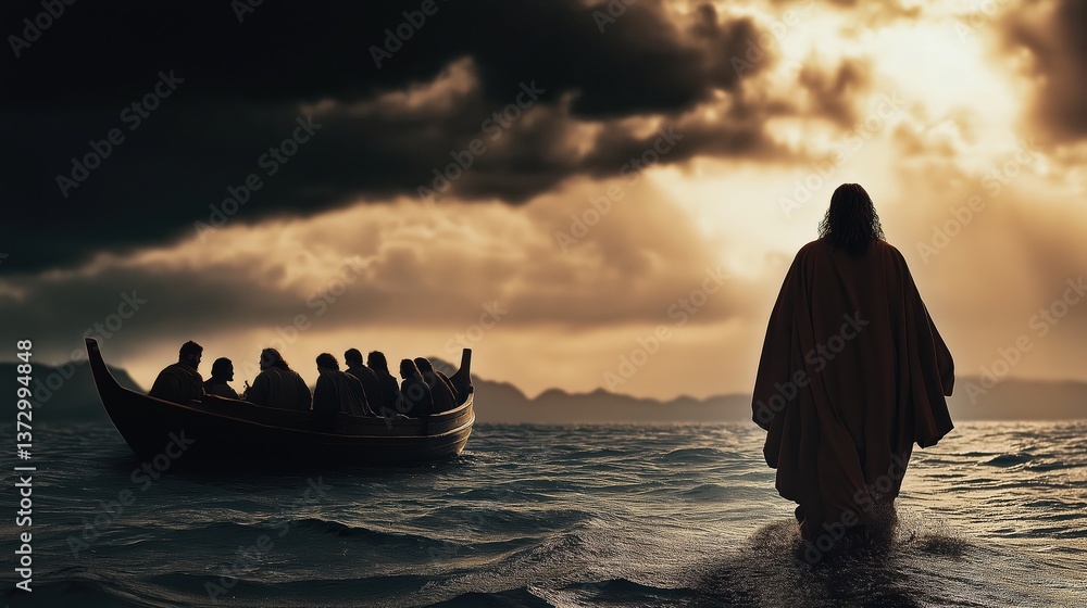 Jesus walks on water during a storm with his disciples in a boat ...