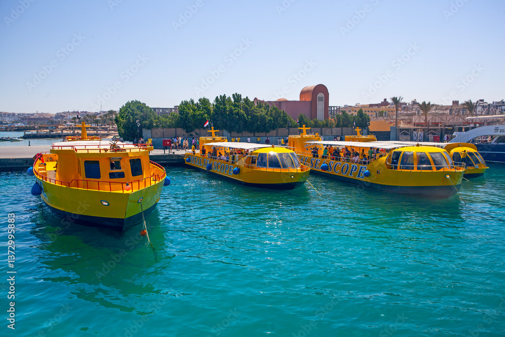 Hurghada, Egypt - March 18, 2025: Egyptian tourist submarine with a ...