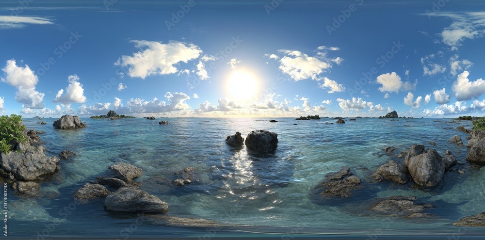 Realistic 360 degree render of an ocean landscape with islands ...
