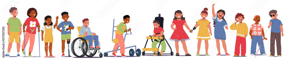 Vetor Group of diverse inclusive children cartoon characters with ...