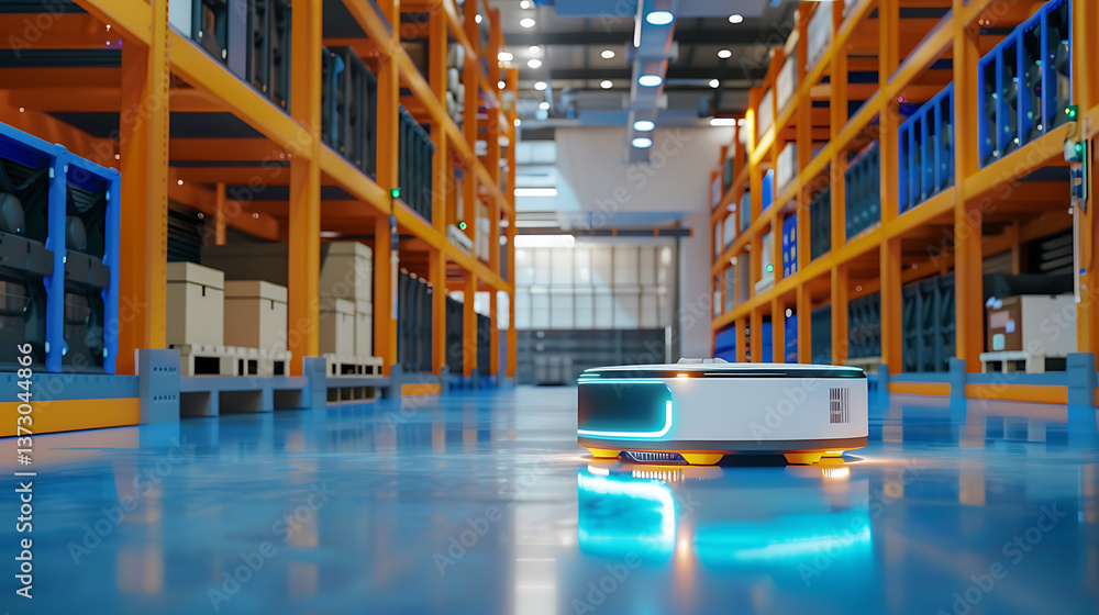 Ilustración de Stock Autonomous mobile robot (AMR/AGV) navigating a modern warehouse aisle with ...