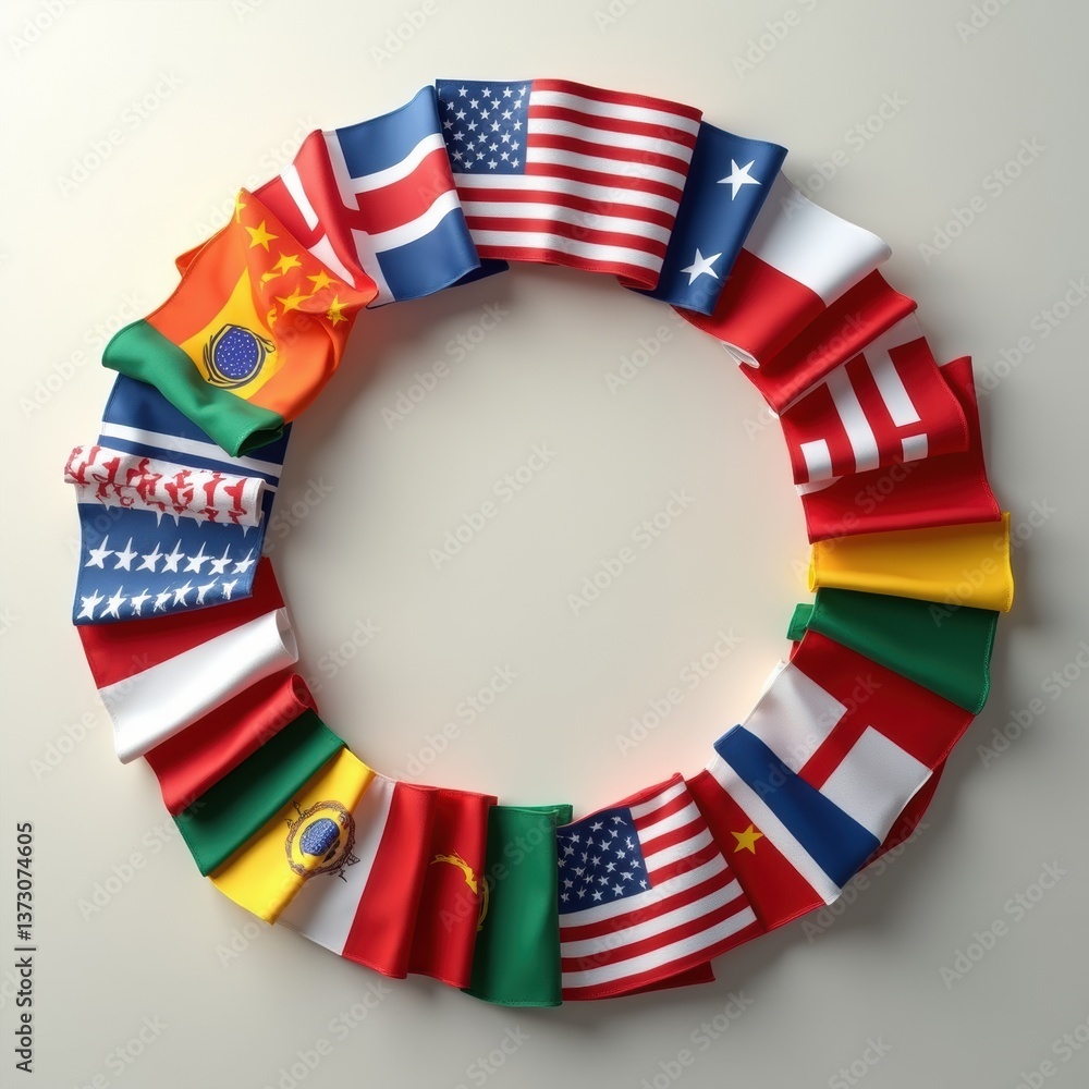 World flags arranged in a circular formation, close-up of vibrant ...