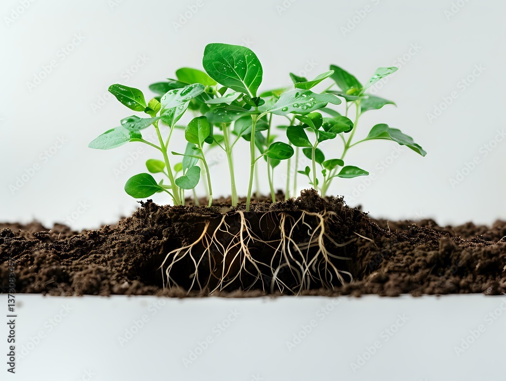 Young green seedlings growing in soil with visible root system against ...