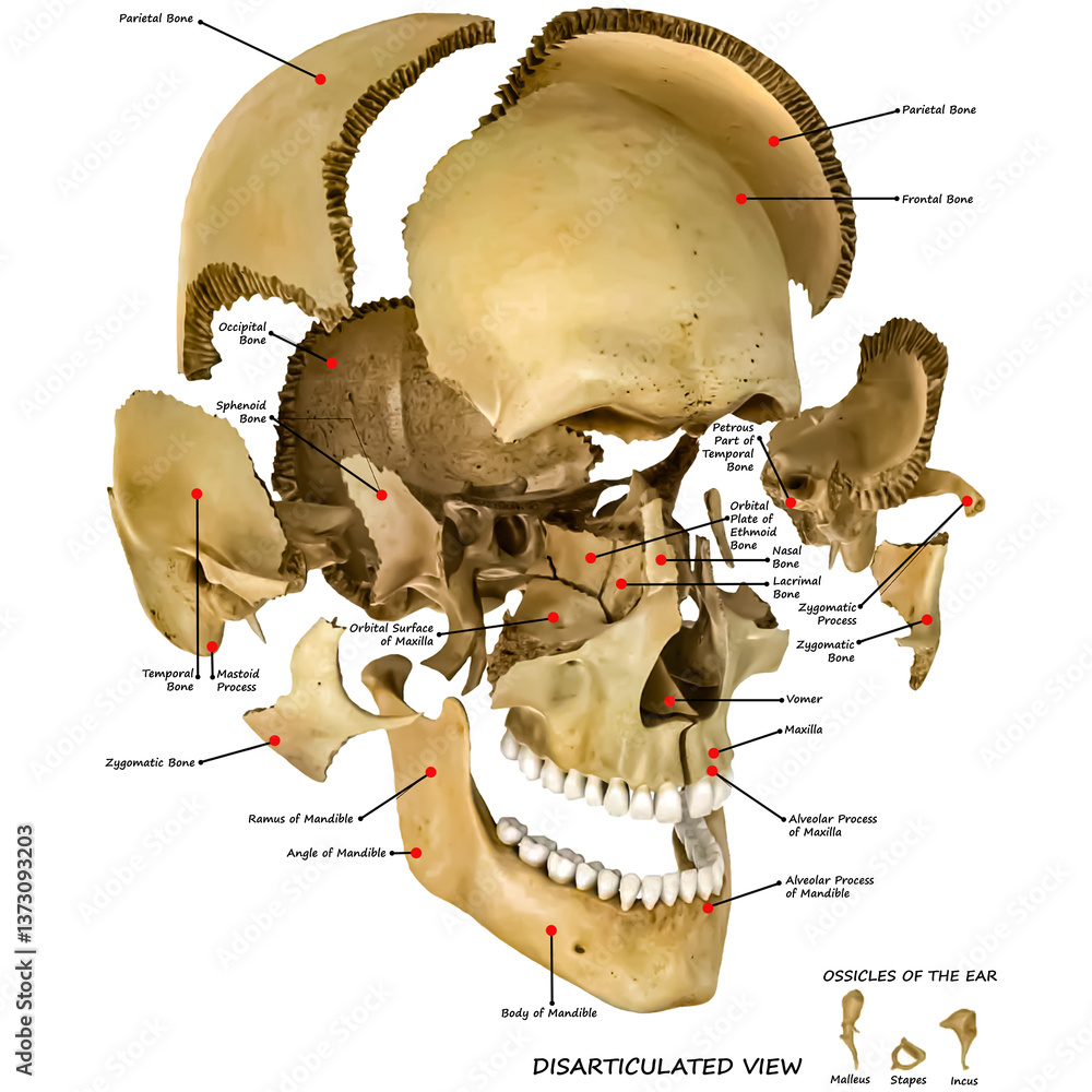 Disarticulated Human Skull | Labeled Medical Illustration of Cranial and Facial Bones | High ...
