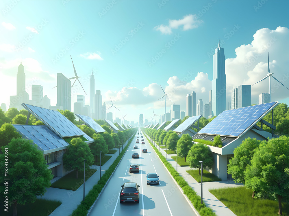 Futuristic Eco-Friendly Cityscape, Renewable Energy Integration with ...