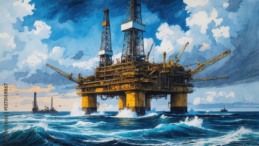 Painting of Offshore Oil Platform in Ocean. Yellow and Black Structure ...