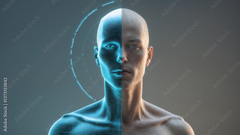 Humanoid body split half data digital form. Portrait of man with blue ...