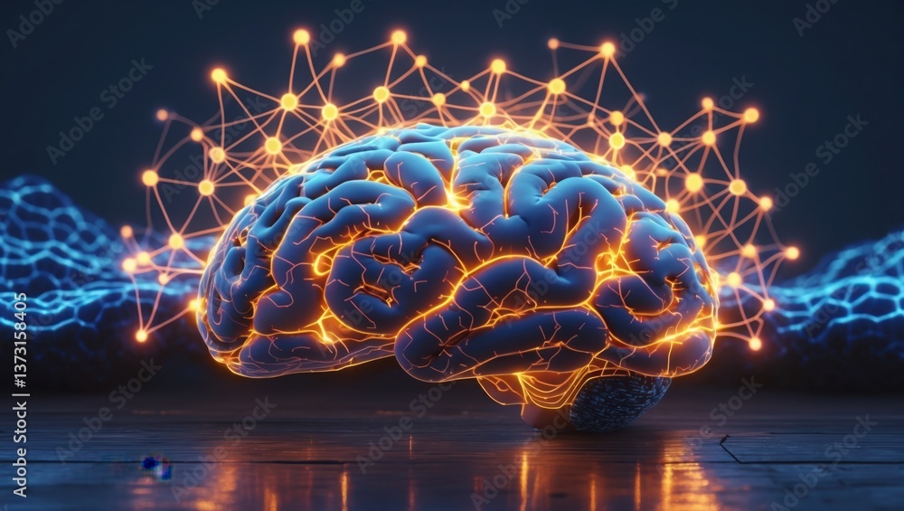 Blue brain with orange glow. Nodes and connections above brain show ...