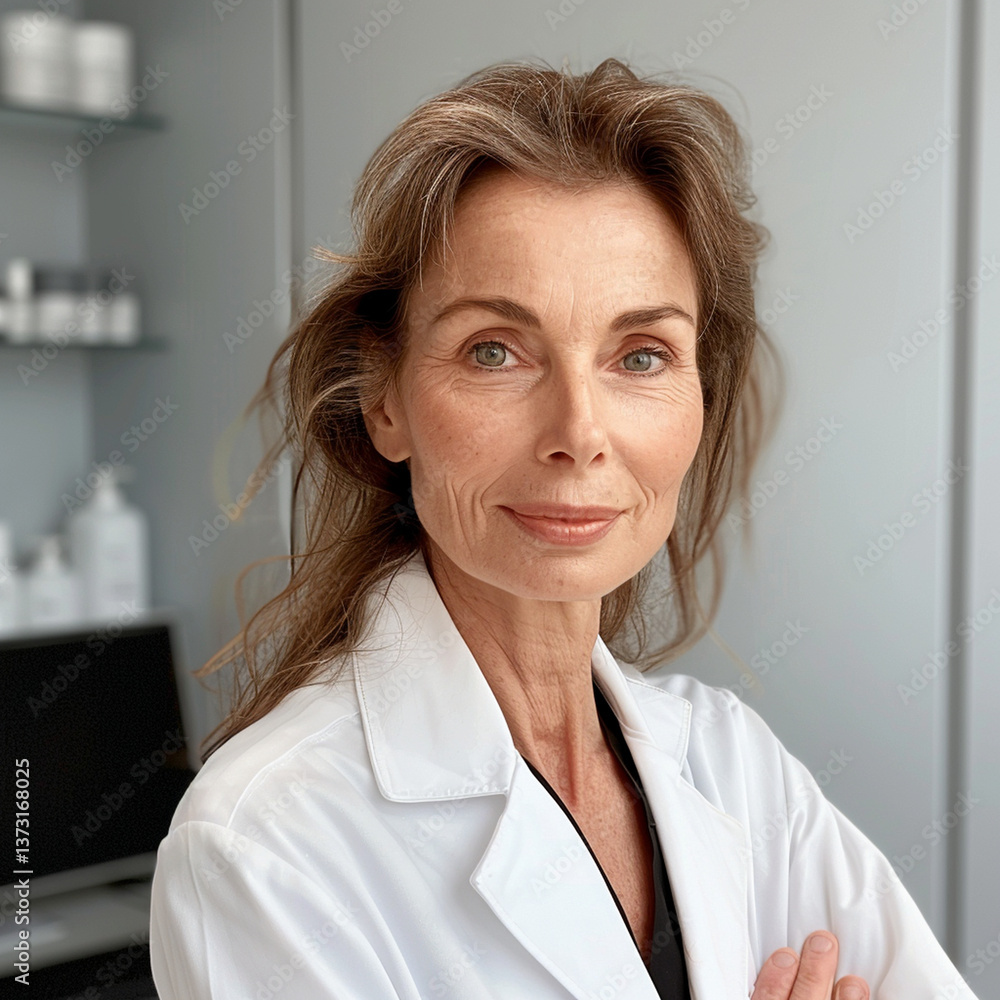 Experienced dermatologist with confident expression, wearing white lab ...
