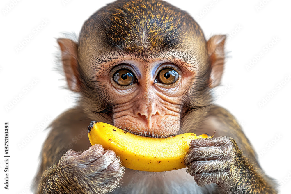 Cute monkey holding a banana with expressive eyes in a natural pose ...