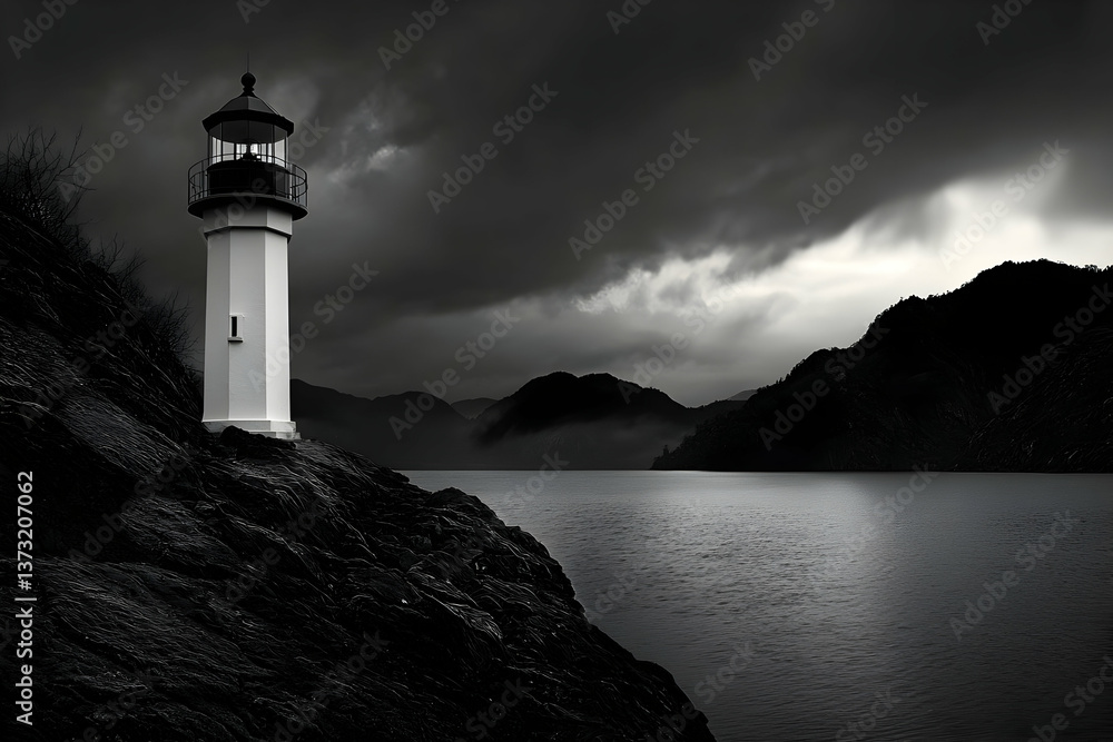 Lighthouse on Rocky Coast During a Dark Stormy Day Stock Photo | Adobe ...