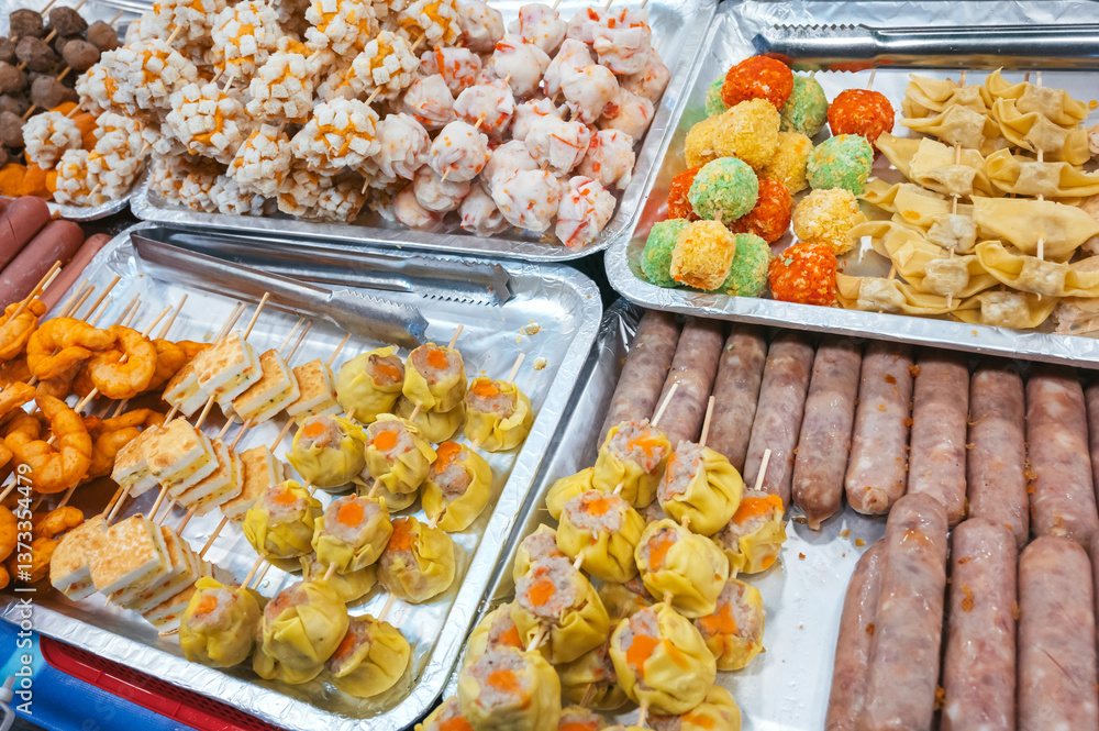 Fast food at Asian night market in Asia. Traditional Vietnamese street ...